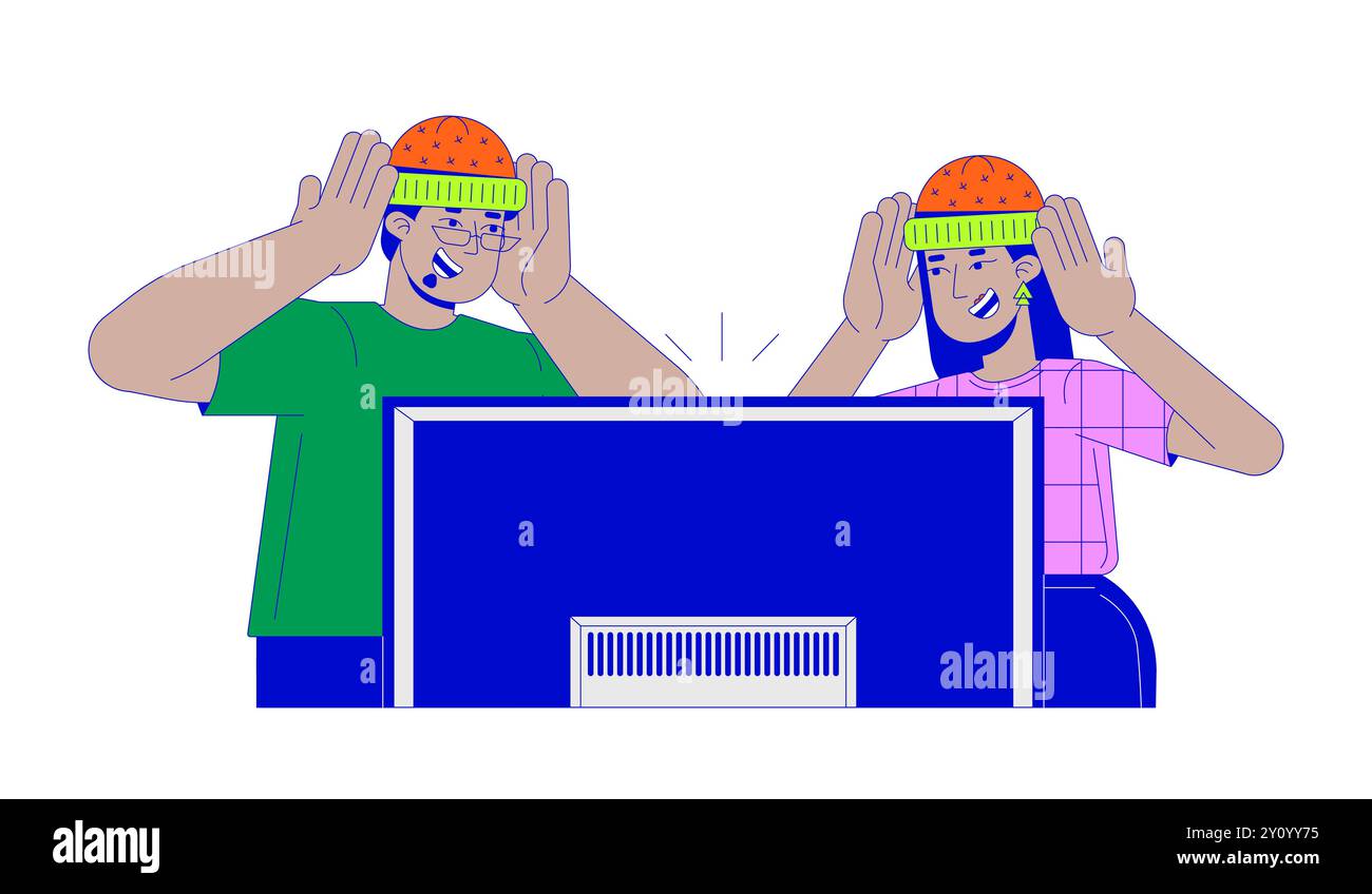 Middle eastern couple with hats at tv 2D linear cartoon characters ...