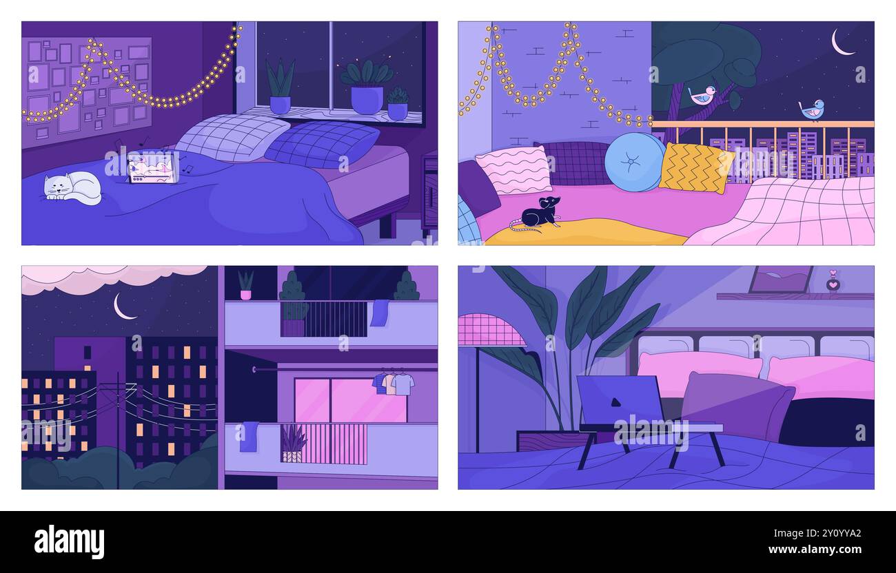 Cozy apartment at night 2D cartoon background set Stock Vector Image ...