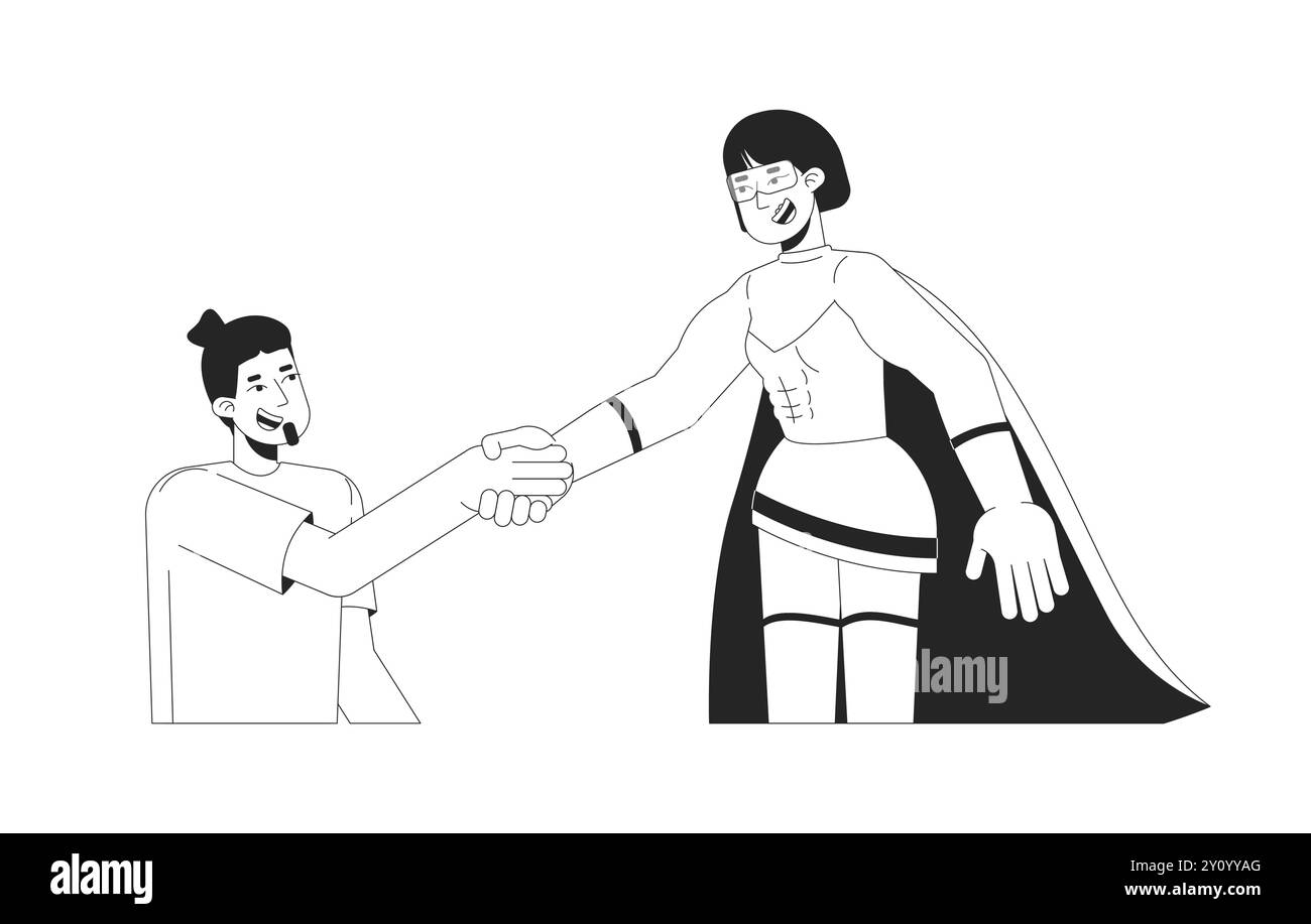 Happy korean female hero helping caucasian man black and white 2D line cartoon characters Stock ...