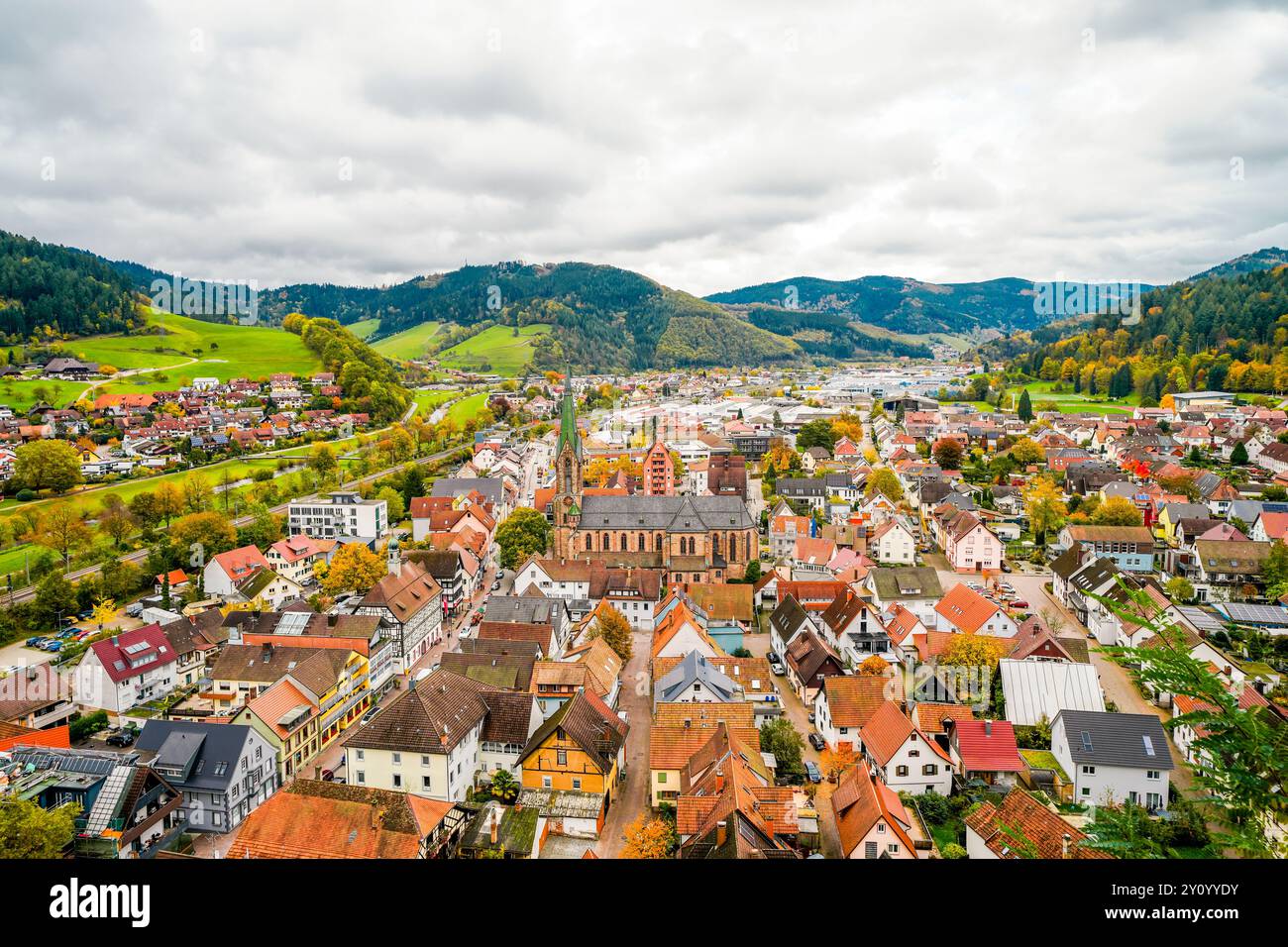 View of the town of Hausach from Husen Castle near Hausach. Landscape with a village in the ...