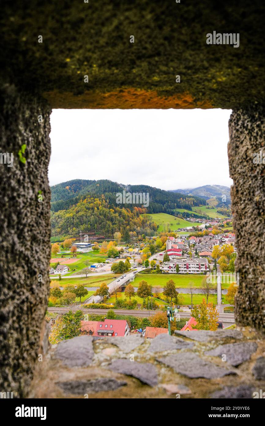 View of the town of Hausach from Husen Castle near Hausach. Landscape with a village in the ...