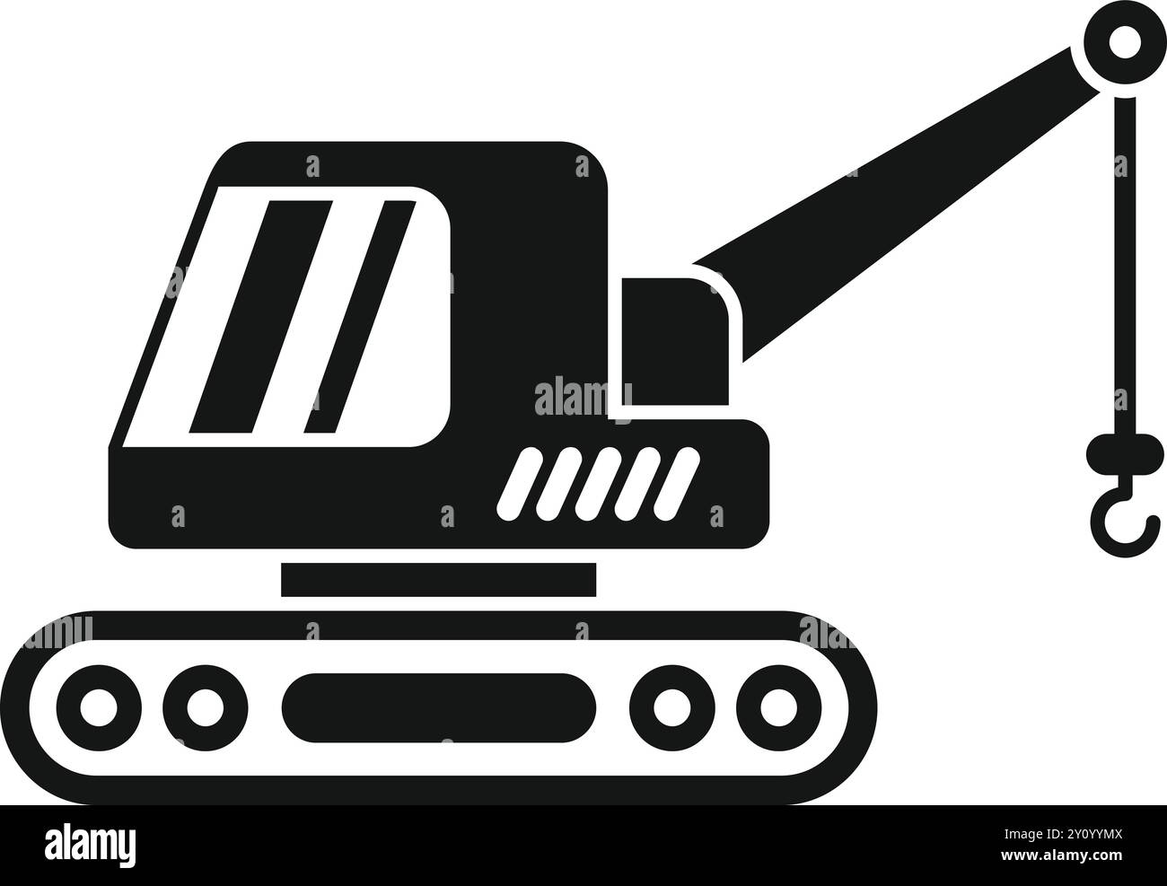 Simple icon of a crawler crane lifting heavy cargo with hook on ...