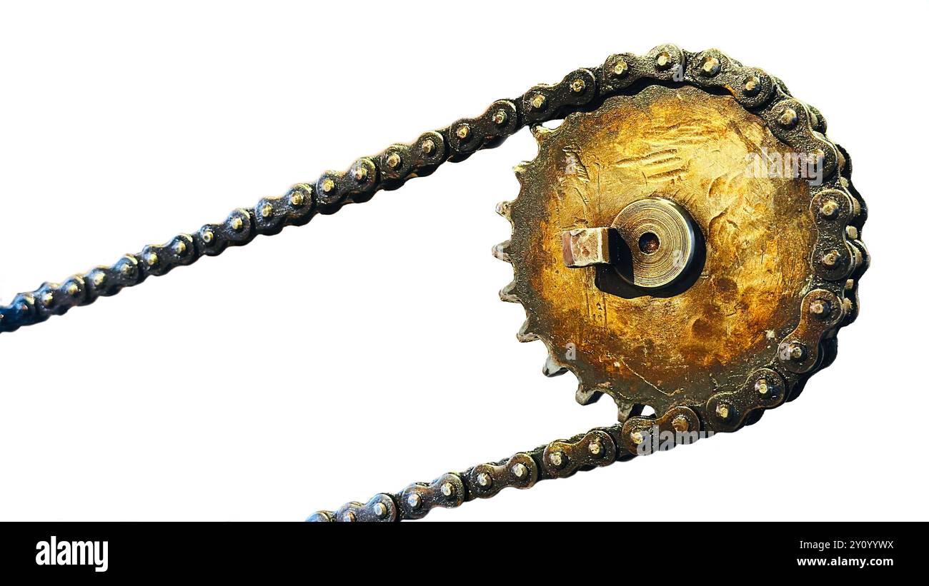 Close up view of a rusty and toothed chain on a white background ...