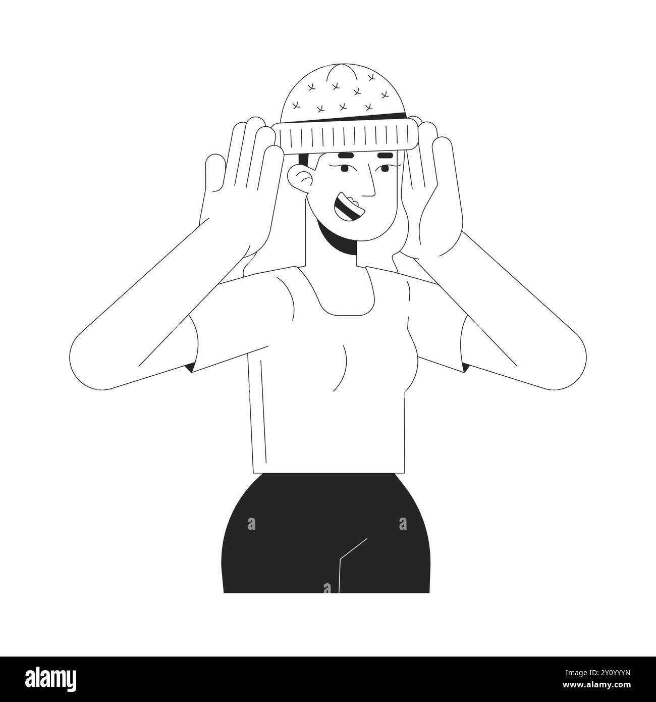 Blonde caucasian woman with knitted hat black and white 2D line cartoon ...