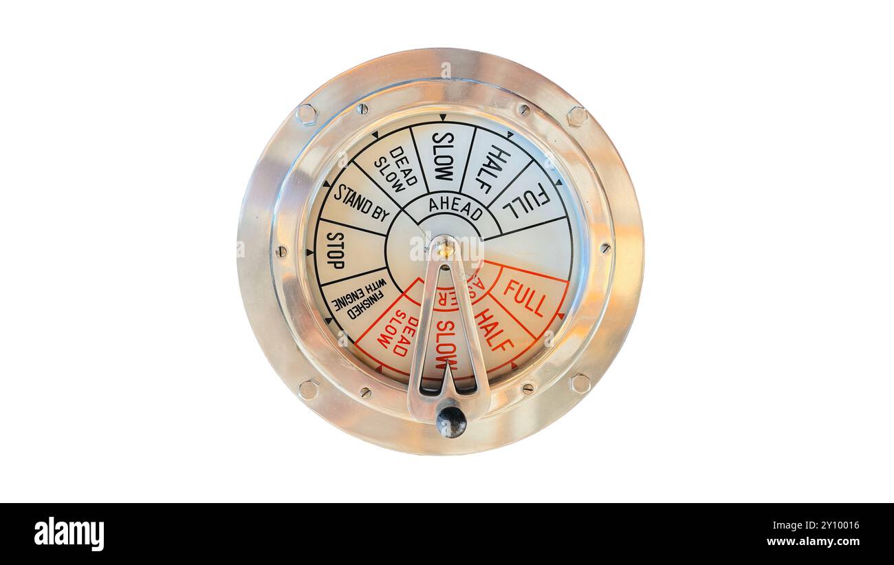 close up of a ship's engine order telegraph, featuring clear and bold ...