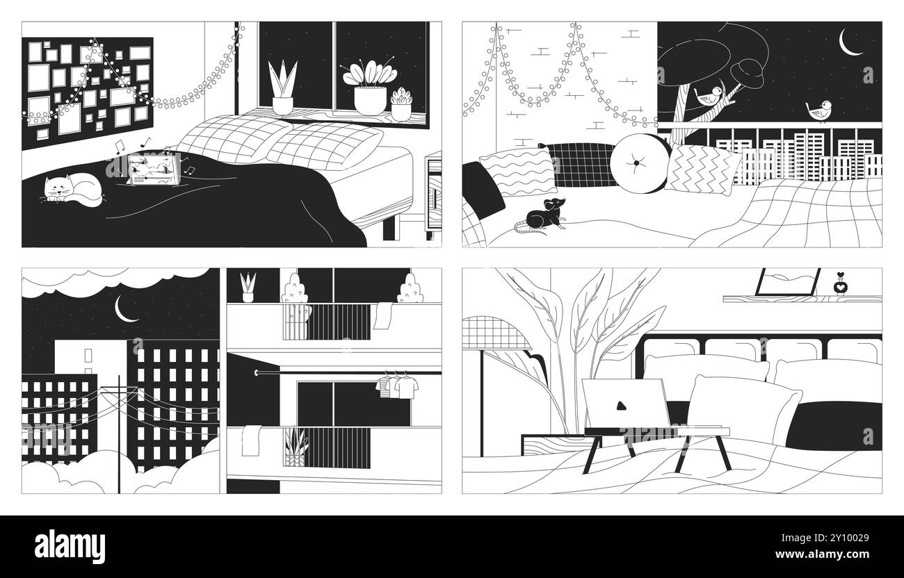 Cozy apartment at night outline 2D cartoon background set Stock Vector ...