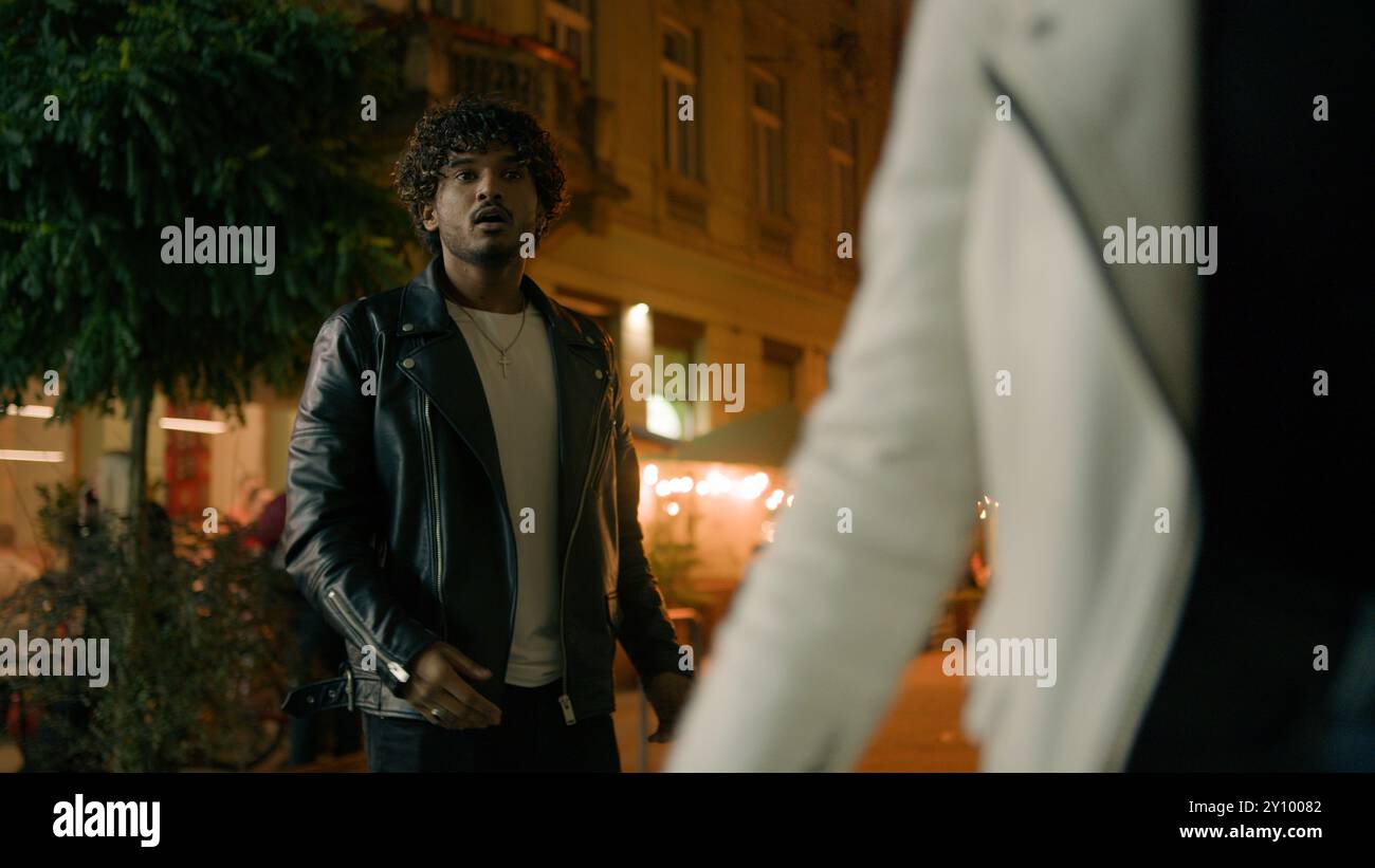 Indian married couple quarreling in evening night city about shopping ...