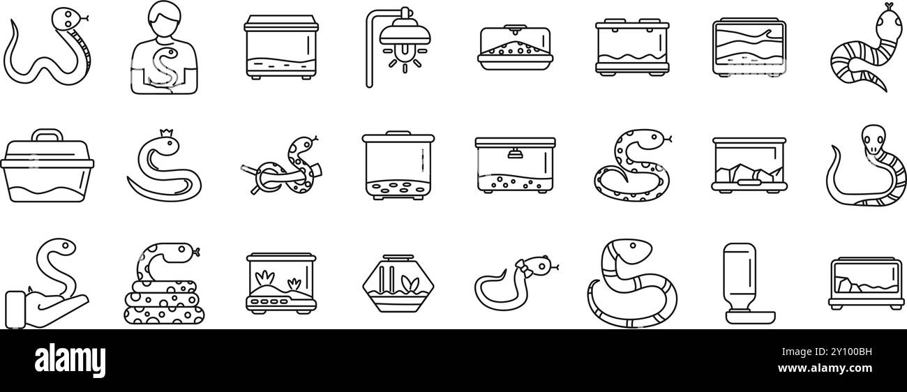 Snake pet icons set. Snake care equipment for terrarium keeping a ...