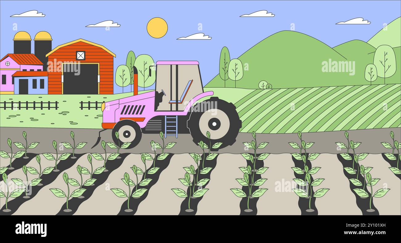 Tractor in farm field cartoon flat illustration Stock Vector Image ...