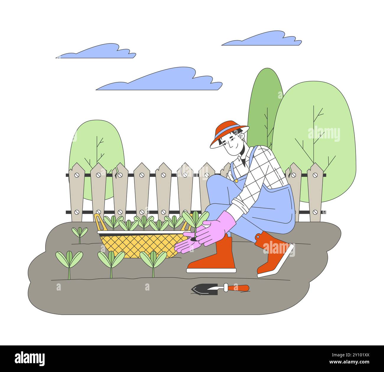 Japanese man planting seedlings in vegetable garden cartoon flat ...