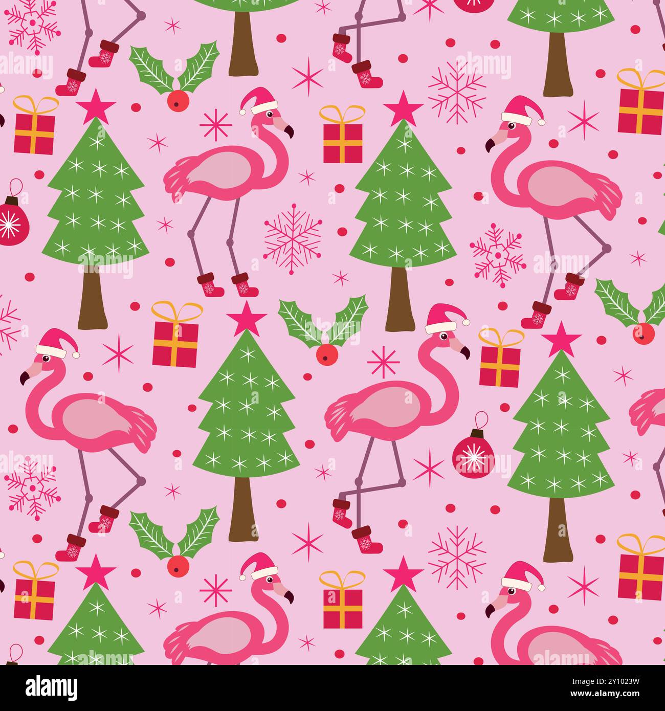 Christmas Flamingo seamless pattern with Christmas tree , snowflakes ...