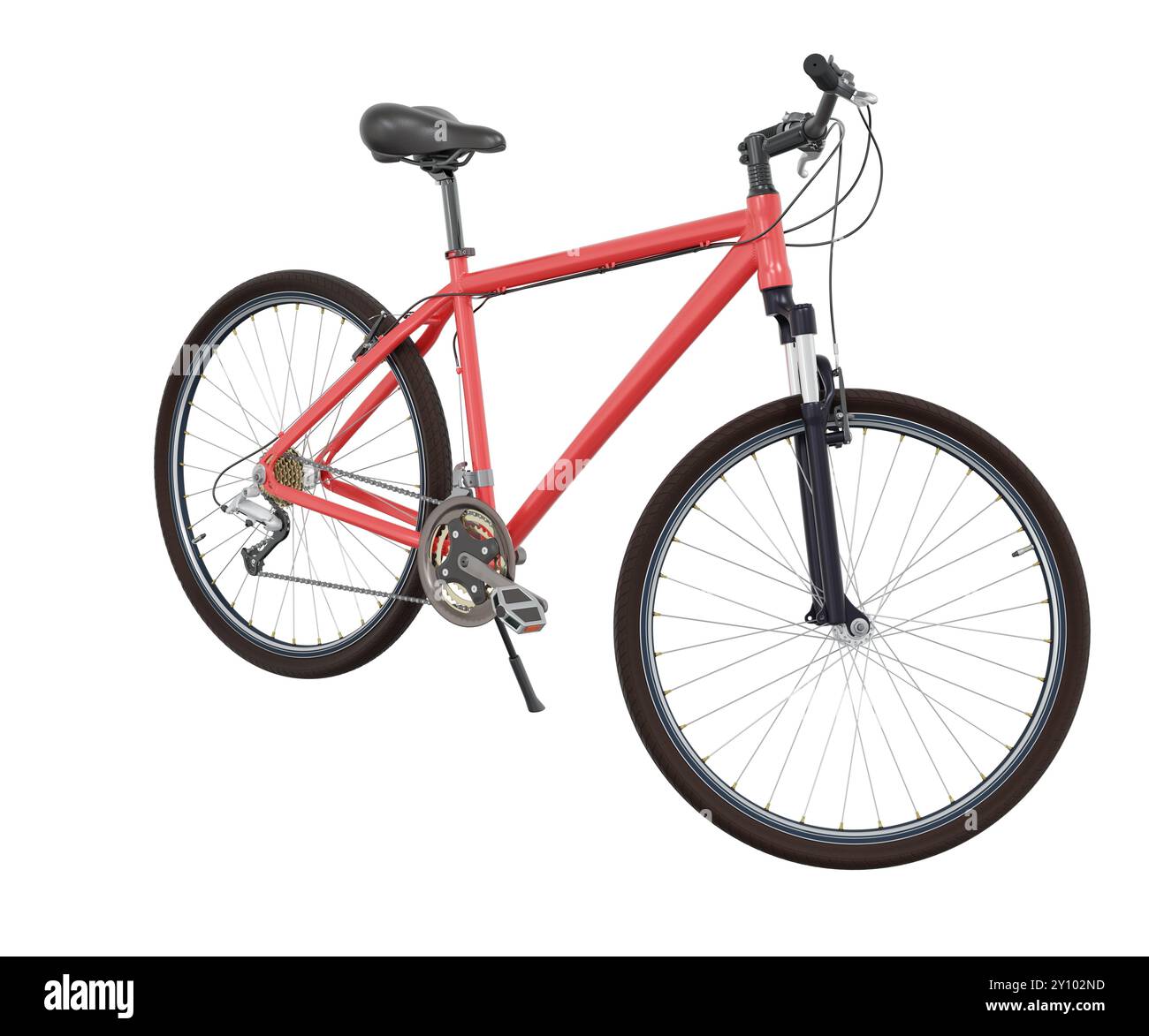 Red bicycle standing on kickstand, front side view isolated on white ...