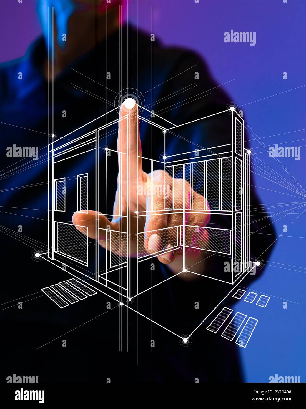 Fingertip connects with 3D house design, symbolizing touch of ...