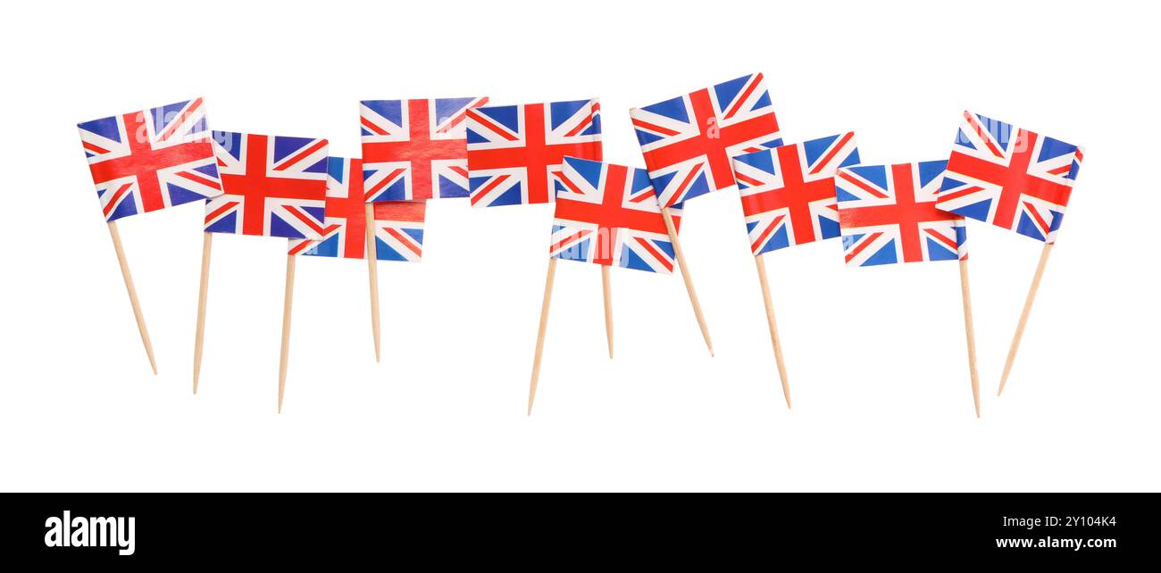 Small paper flags of United Kingdom isolated on white Stock Photo - Alamy