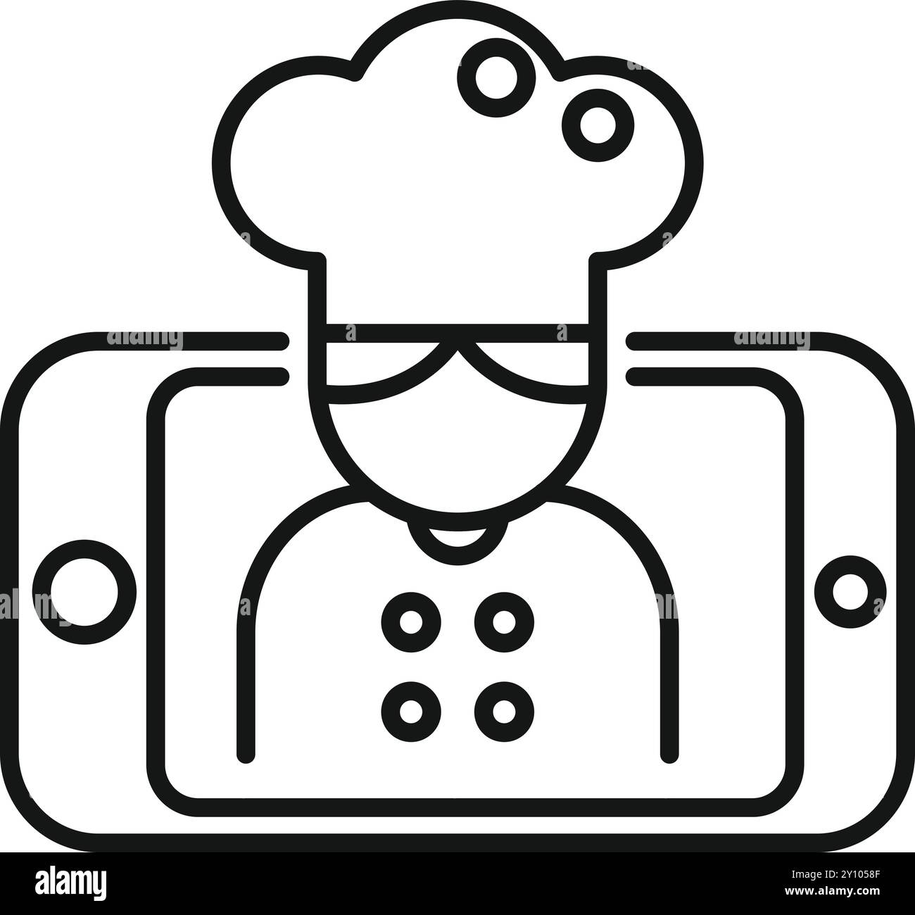 Chef on smartphone screen icon, online cooking class concept, mobile ordering food thin line ...