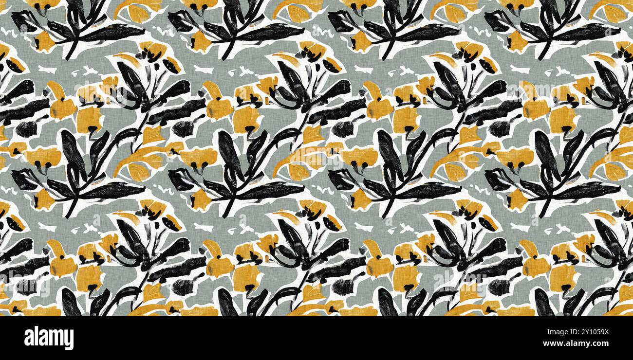 Modern printed fabric flower block print pattern with linen texture ...
