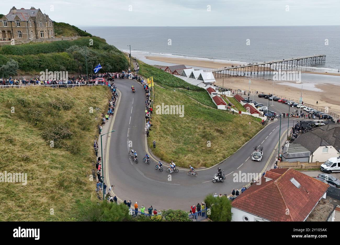 Riders navigating a bend in Saltburn Bank during stage two of the 2024 ...