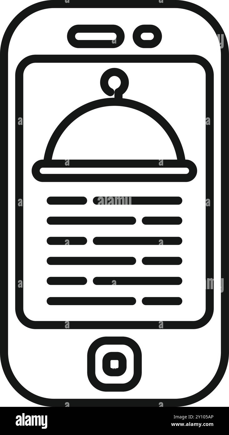 Simple, minimal line art icon of a smartphone displaying a restaurant menu for ordering food ...
