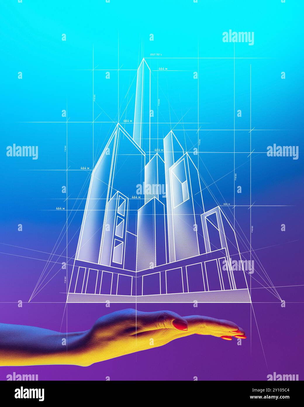Digital skyscraper blueprint, representing the modern-day power of real ...