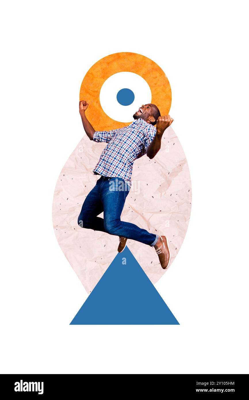 Vertical photo collage of happy american businessman jump career ladder ...