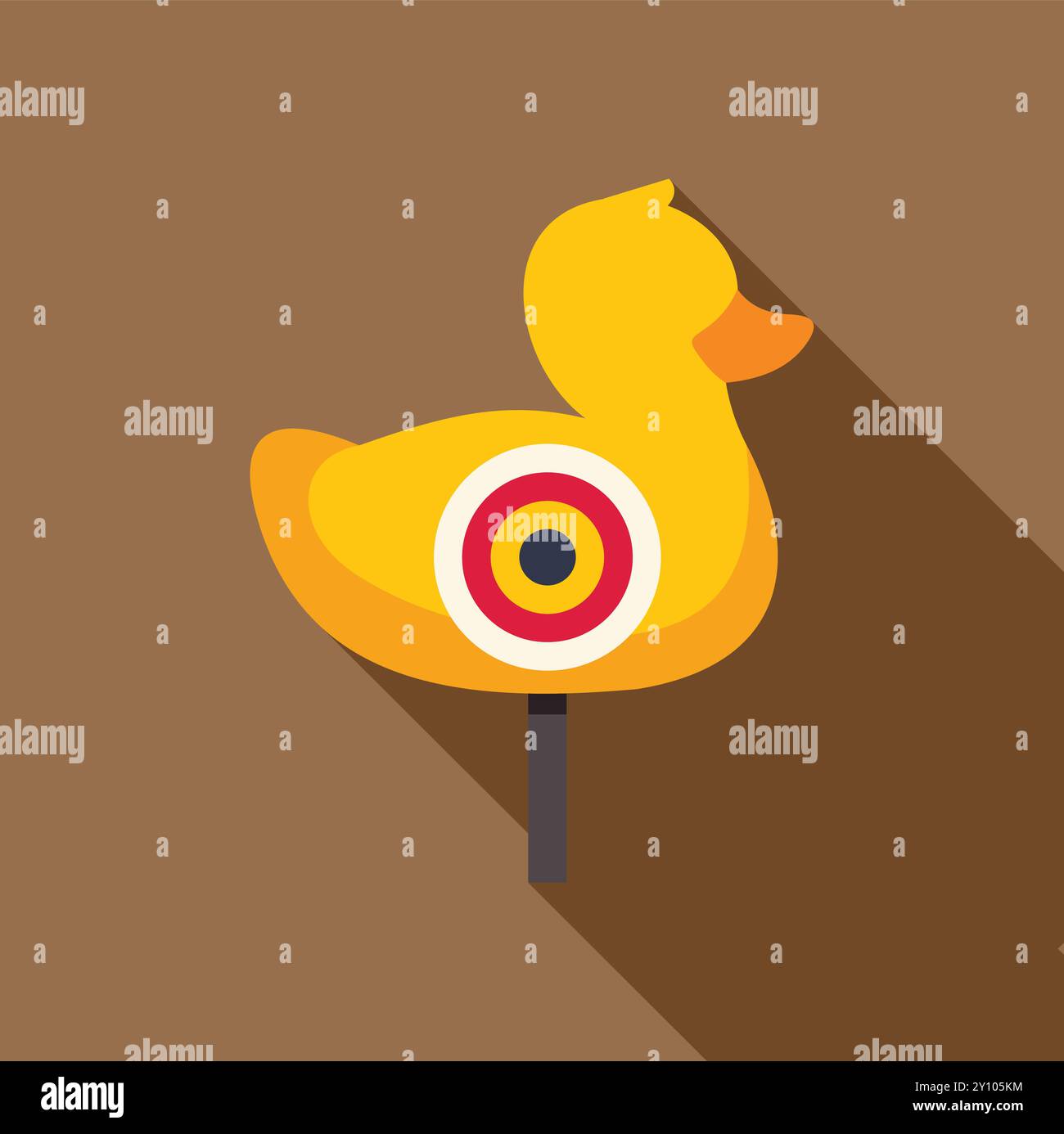 Yellow toy duck standing with target aiming point on brown background ...
