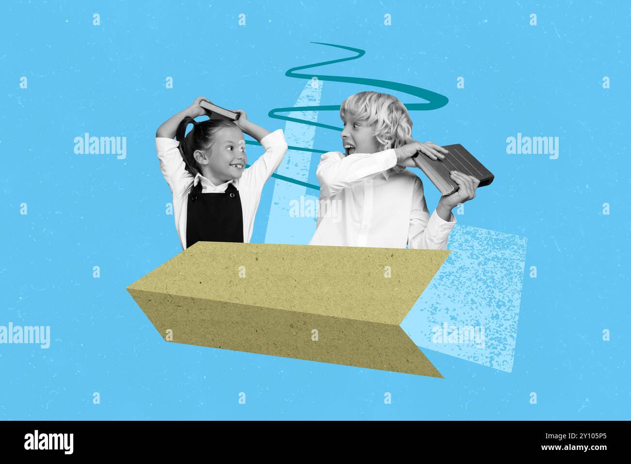 Collage image retro sketch of funny children book fight school day ...