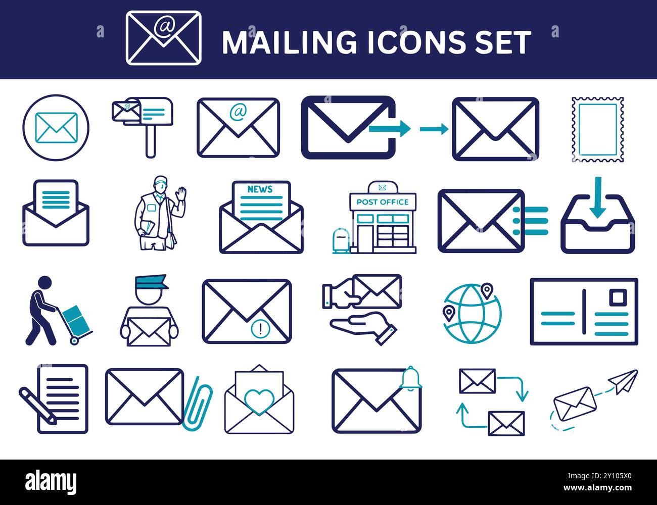Mailing Icon Set editable. Mail, mailbox, send, receive, stamp, read ...