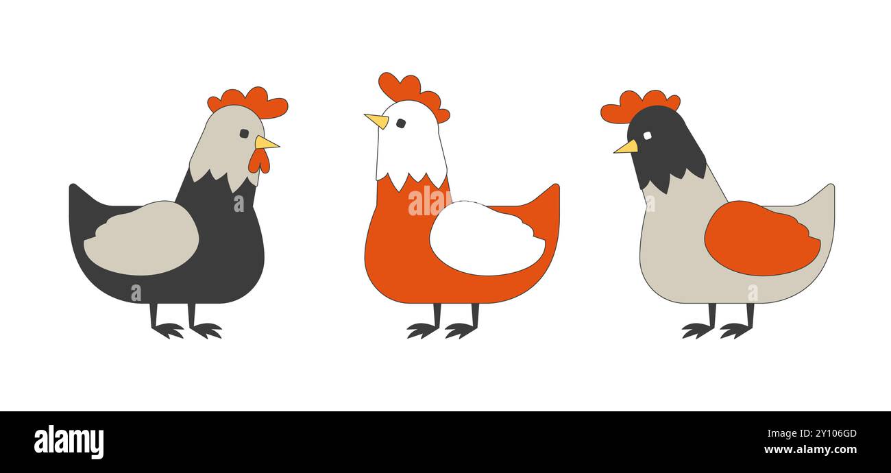Farm chickens group 2D linear cartoon characters set Stock Vector Image ...
