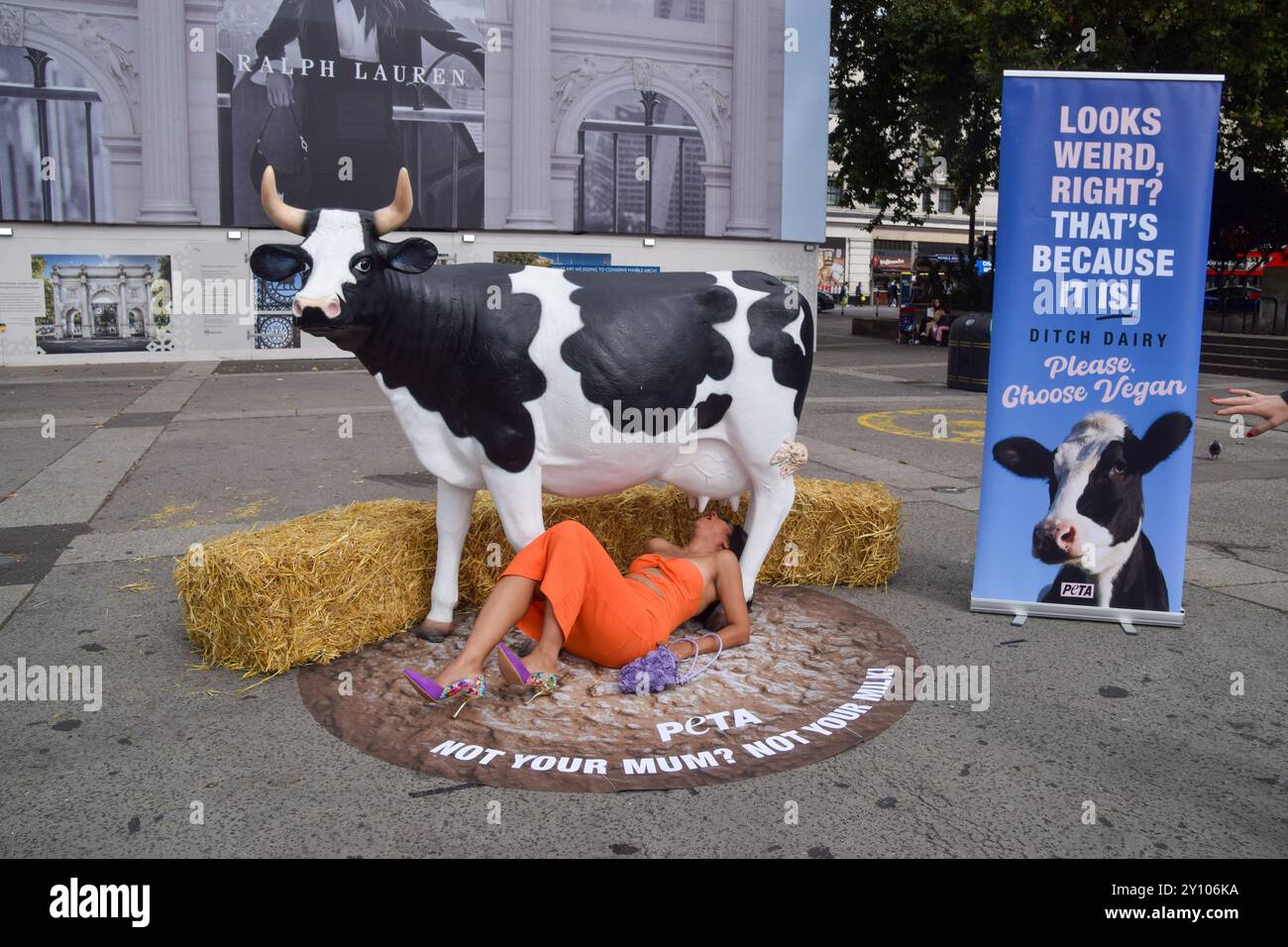 London, UK. 4th September 2024. An elegantly-dressed PETA activist ...