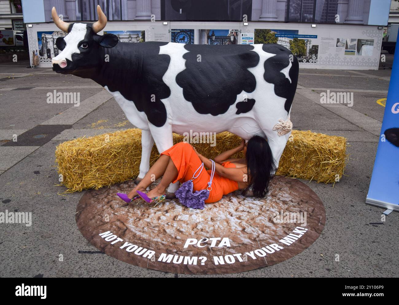 London, UK. 4th September 2024. An elegantly-dressed PETA activist ...