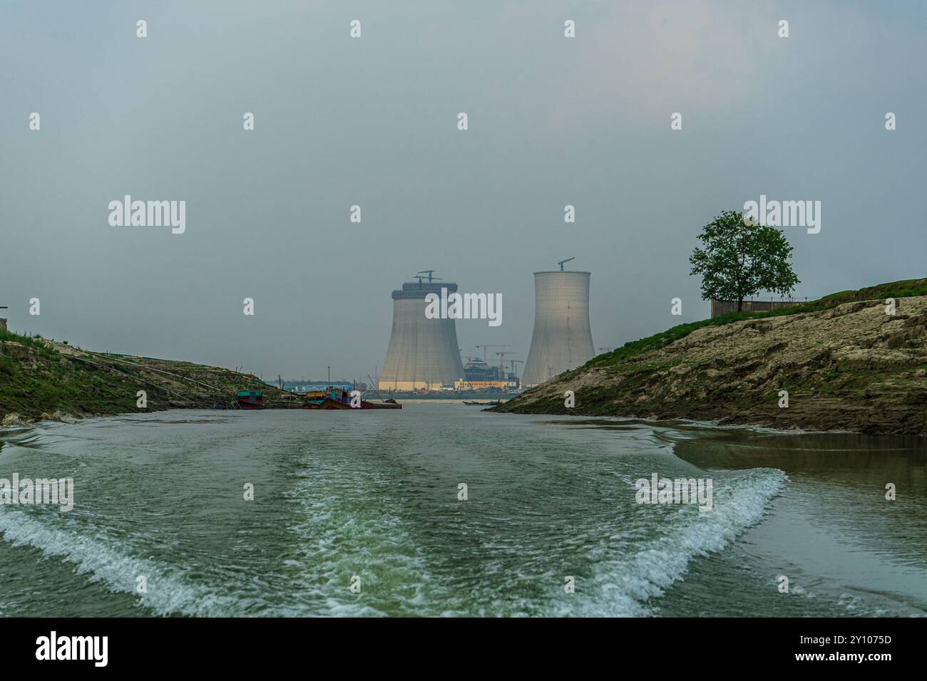 Cooling towers of Ruppur Nuclear power Plant, Bangladesh. View from the ...