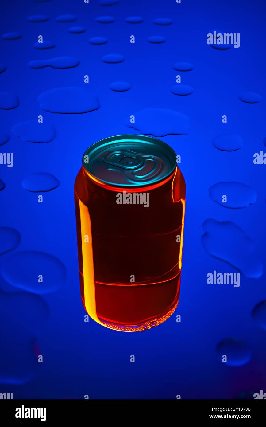 Chilled beverage can, with vibrant liquid of beer, soda water, lemonade ...