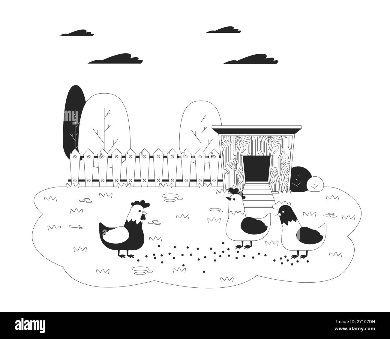 Chickens eating grains on farmyard black and white flat line ...