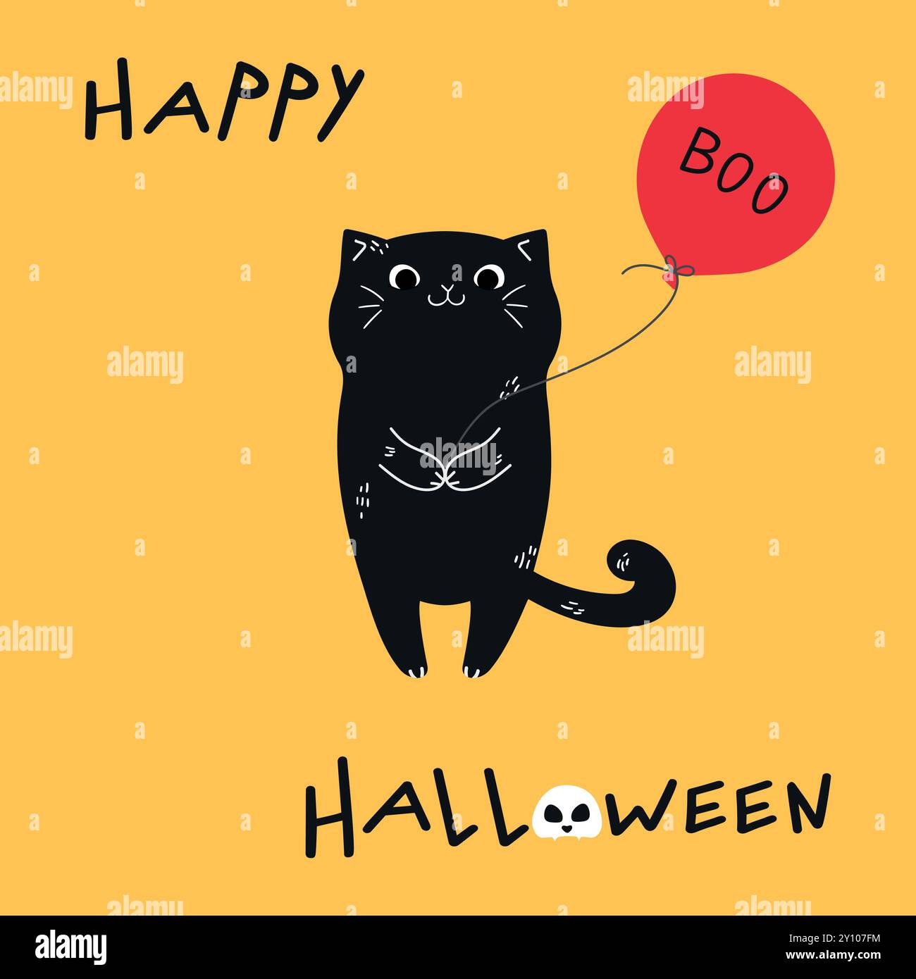 Cute hand drawn black cat with a balloon decorated with phrase Boo ...