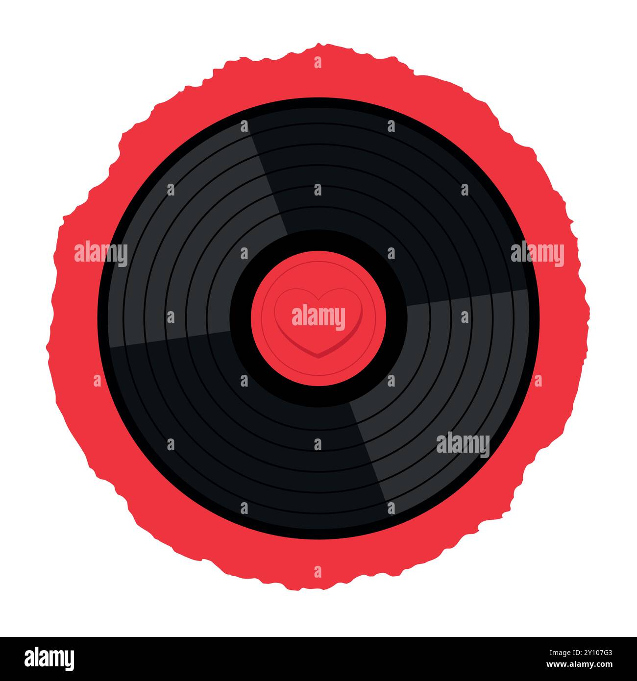 Vinyl record disk decorated with a heart on red torn paper background ...