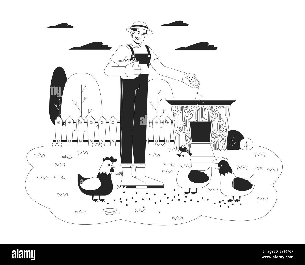 Asian man feeding chickens black and white flat line illustration Stock ...