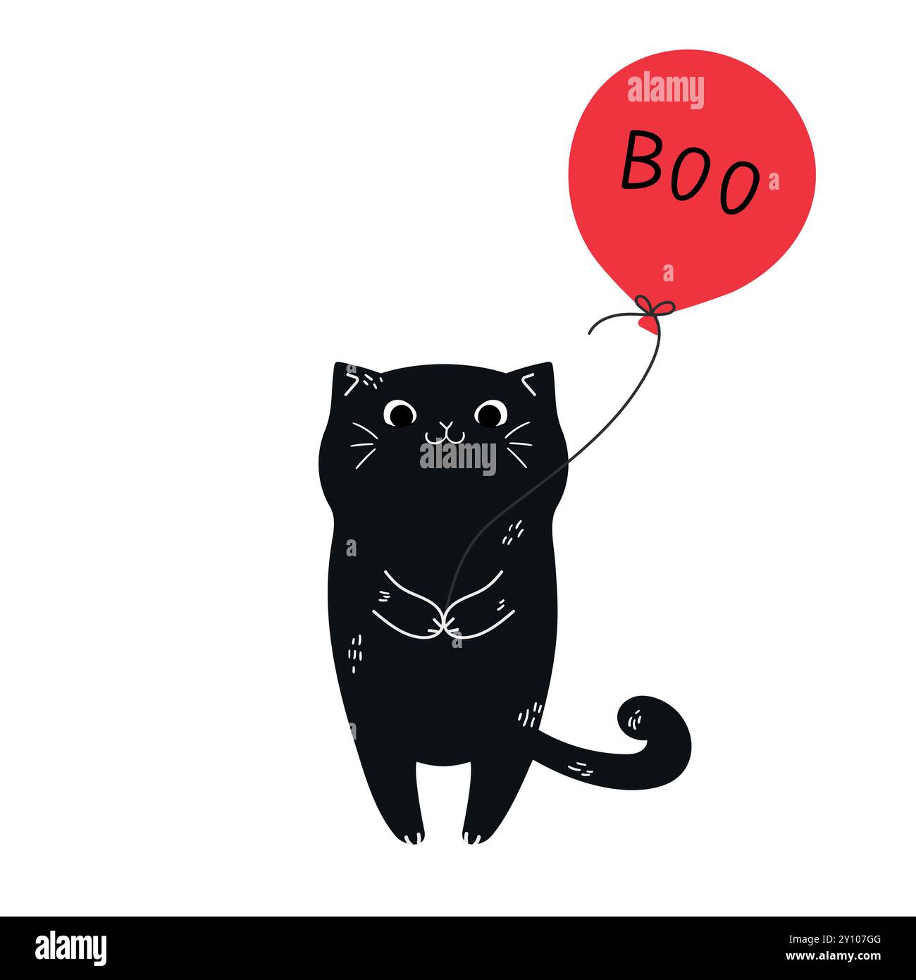 Cute hand drawn black cat with a balloon decorated with phrase Boo ...