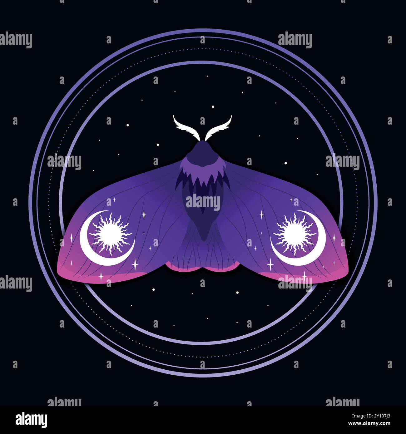 Celestial background with a purple moth. Butterfly decorated with sun ...
