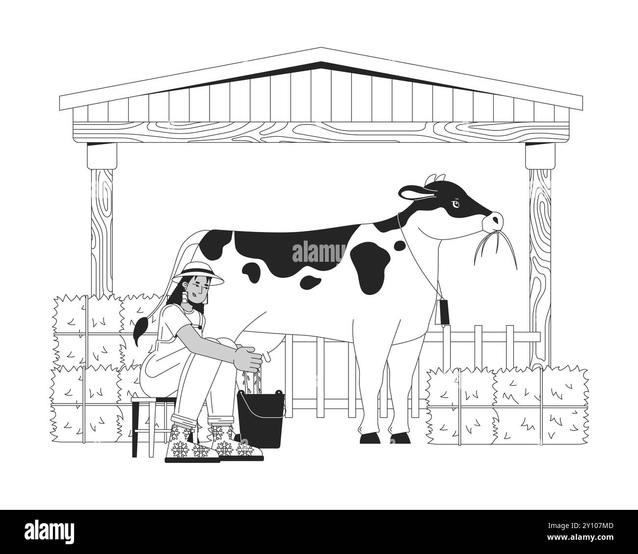 African american female farmer milking cow black and white flat line ...