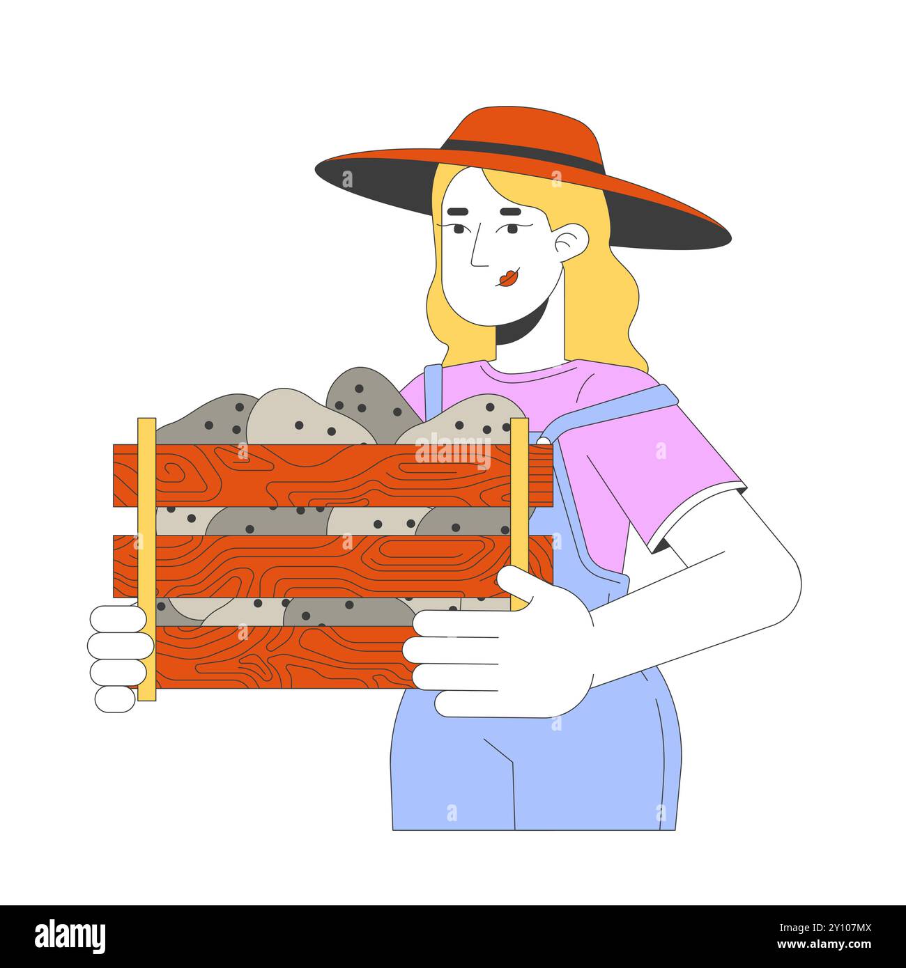 European female holding heavy crate with potatoes 2D cartoon character ...