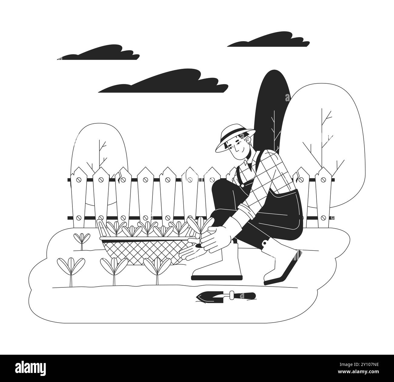 Japanese man planting seedlings in vegetable garden black and white ...