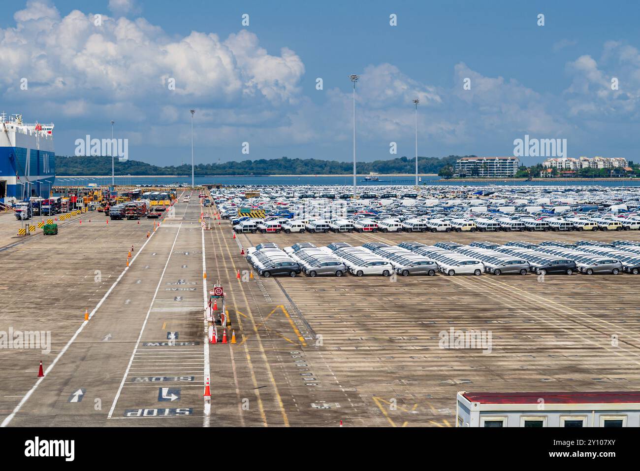 Singapore - Jun 13 2024: Aerial view of container terminal, cranes and ...