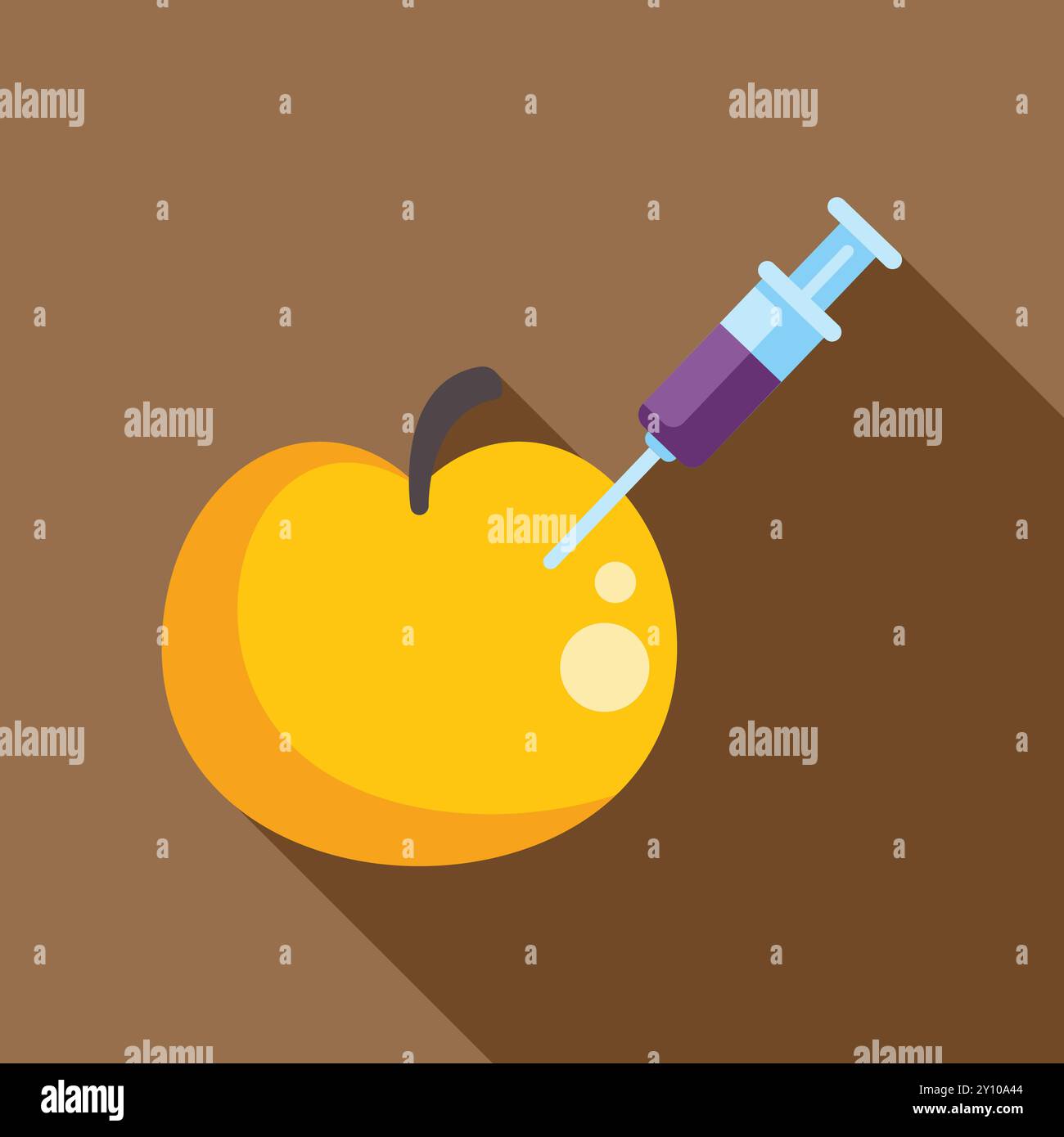 Syringe injecting chemical substance into an apple illustrating gmo ...