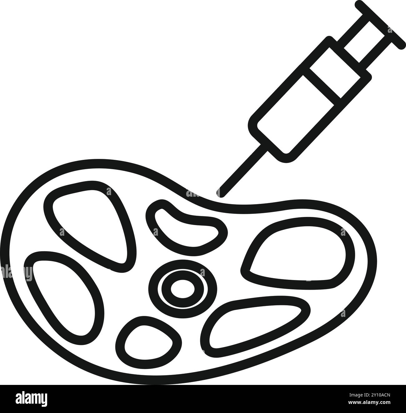 Line art vector icon of a syringe injecting cells, representing stem ...