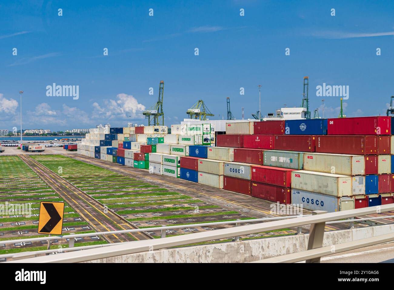 Singapore - Jun 13 2024: Aerial view of container terminal, cranes and ...