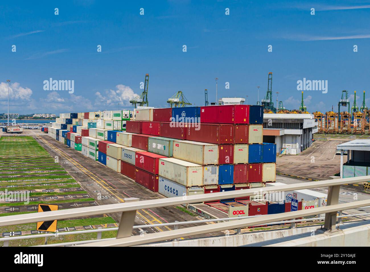 Singapore - Jun 13 2024: Aerial view of container terminal, cranes and ...