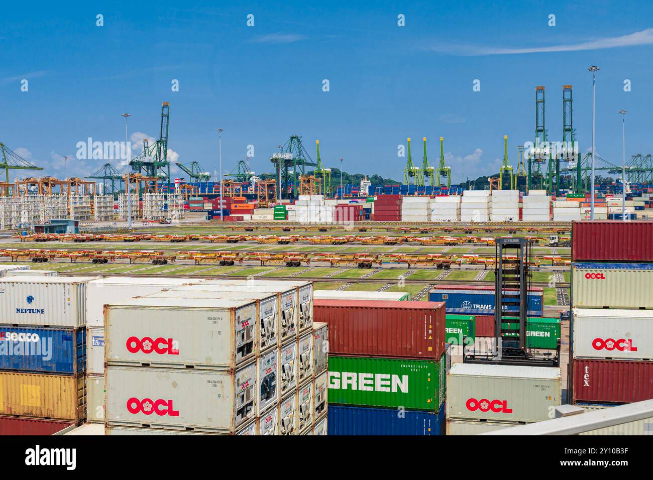 Singapore - Jun 13 2024: Aerial view of container terminal, cranes and ...
