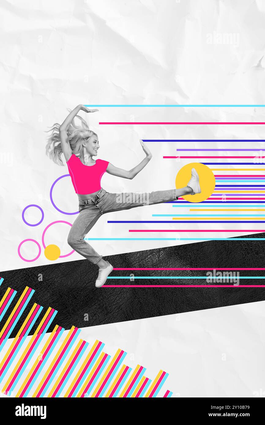 Vertical composite collage image picture of girl jump fight isolated on ...