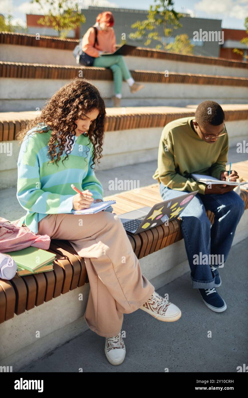 Vertical shot of focused multiethnic teenage girl writing in notebook ...