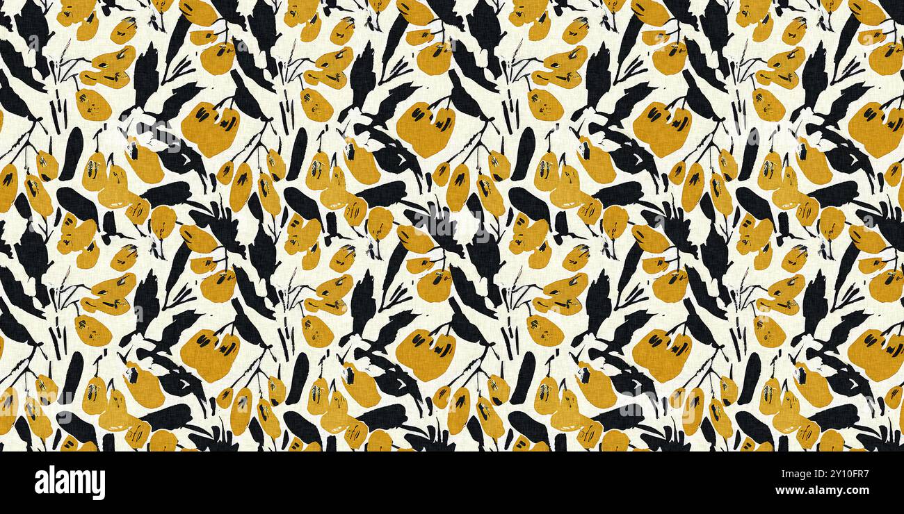 Modern printed fabric flower block print pattern with linen texture ...